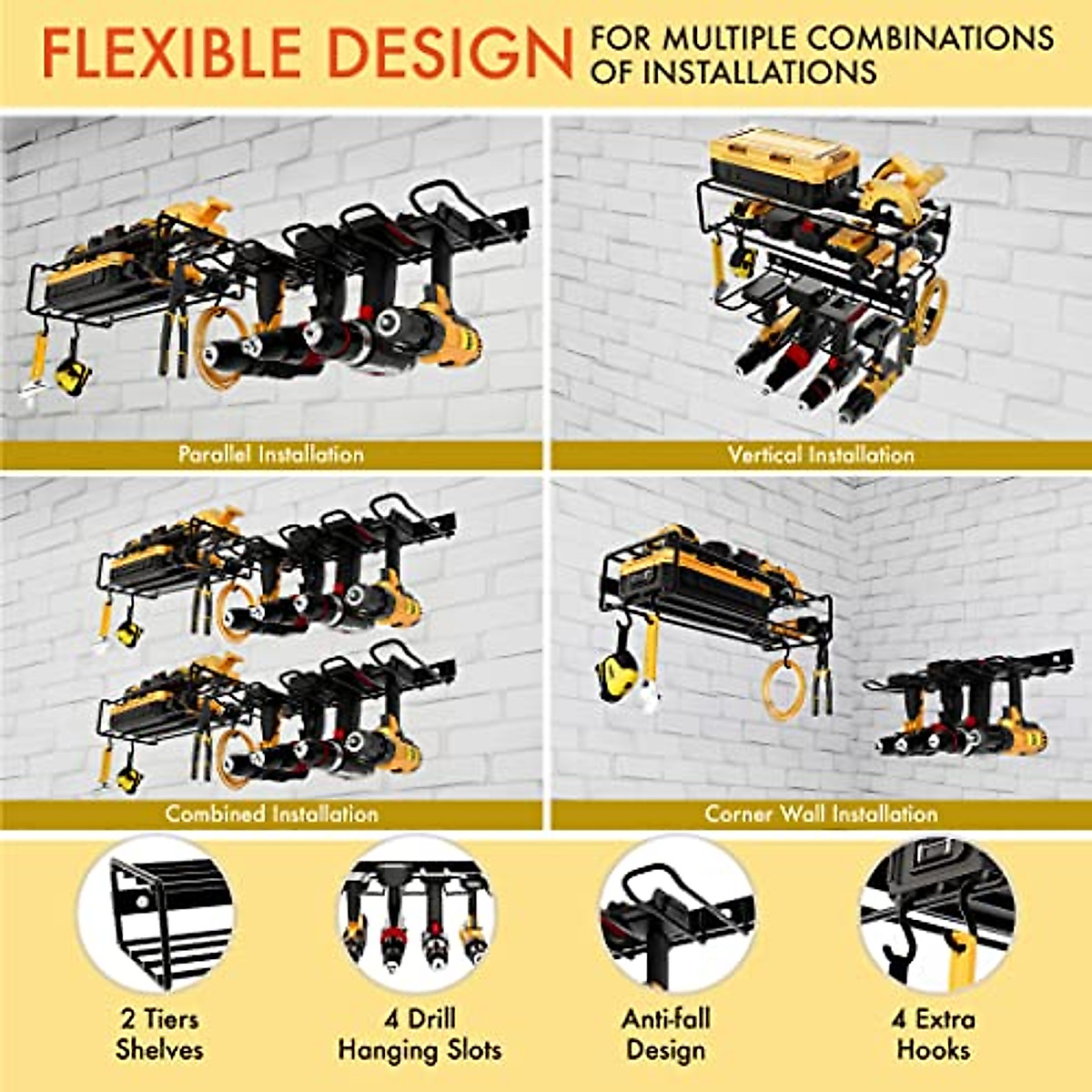 PITCH + PULSE Power Tool Organizer, Garage Tool Storage Organization, Drill Holder Racks Wall Mount Floating Shelf Set for Workshop Shed Pegboard Fitted