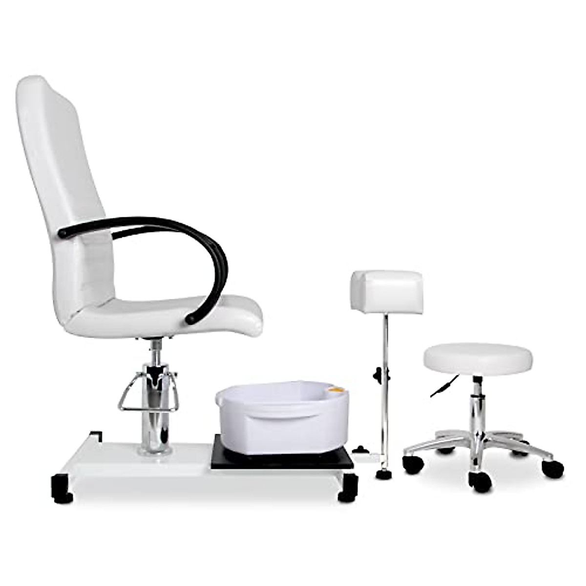 Paddie White Pedicure Chair with Rolling Low Stool/Foot Basin/Leg Rest Hydraulic Adjustable for Salon Spa Nail Tech