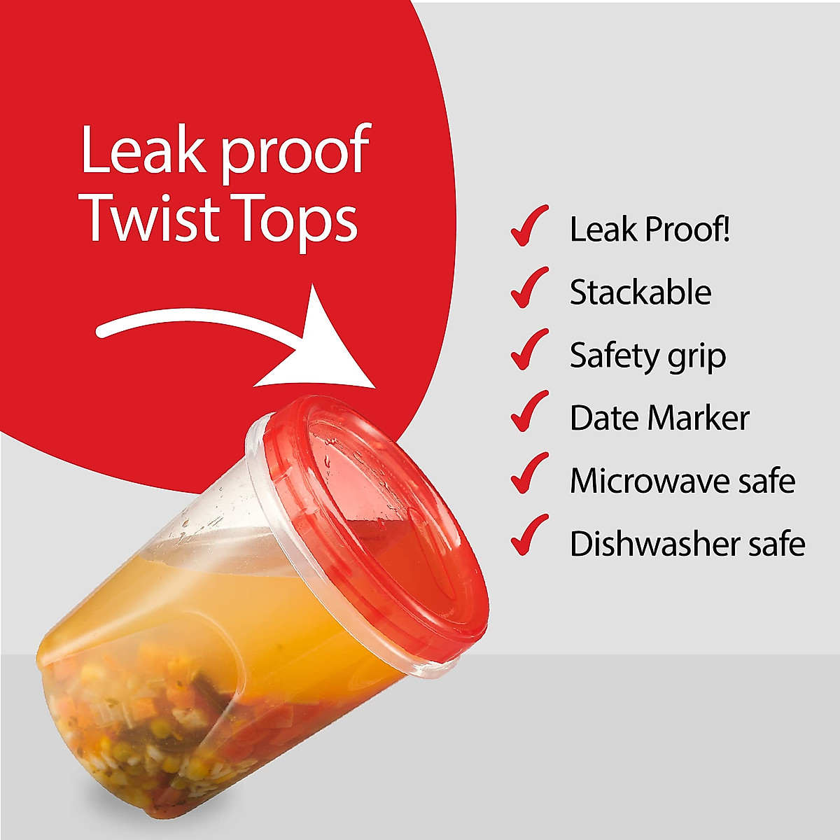 PLASTICPRO 6 Pack Twist Cap Food Storage Containers with Red Screw on Lid- 32 oz Reusable Meal Prep Containers - Freezer and Microwave Safe Red Plastic Food Storage