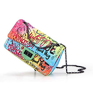 VOGUZY Women Graffiti PU Multicolour Quilted Purse Lattice Clutch Shoulder Bag Classic Cross Body with Chain Satchel Handbags Yellow Graffiti