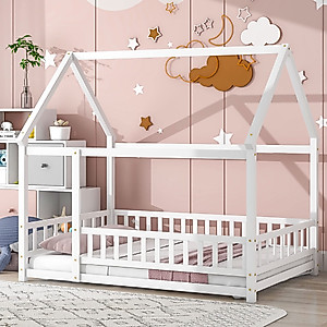 i-POOK Full Size House Bed Wooden Floor Bed with Roof and Fence Guardrails Montessori Bed Playhouse Bed for Children Girls and Boys, White(No Bed Slats)