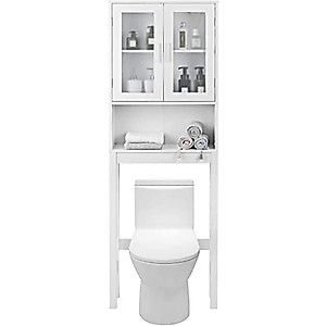 WATERJOY Over The Toilet Storage Cabinet, Bathroom Cabinet Organizer with 2 Moru Tempered Glass Door, Space-Saving Toilet Shelf, White
