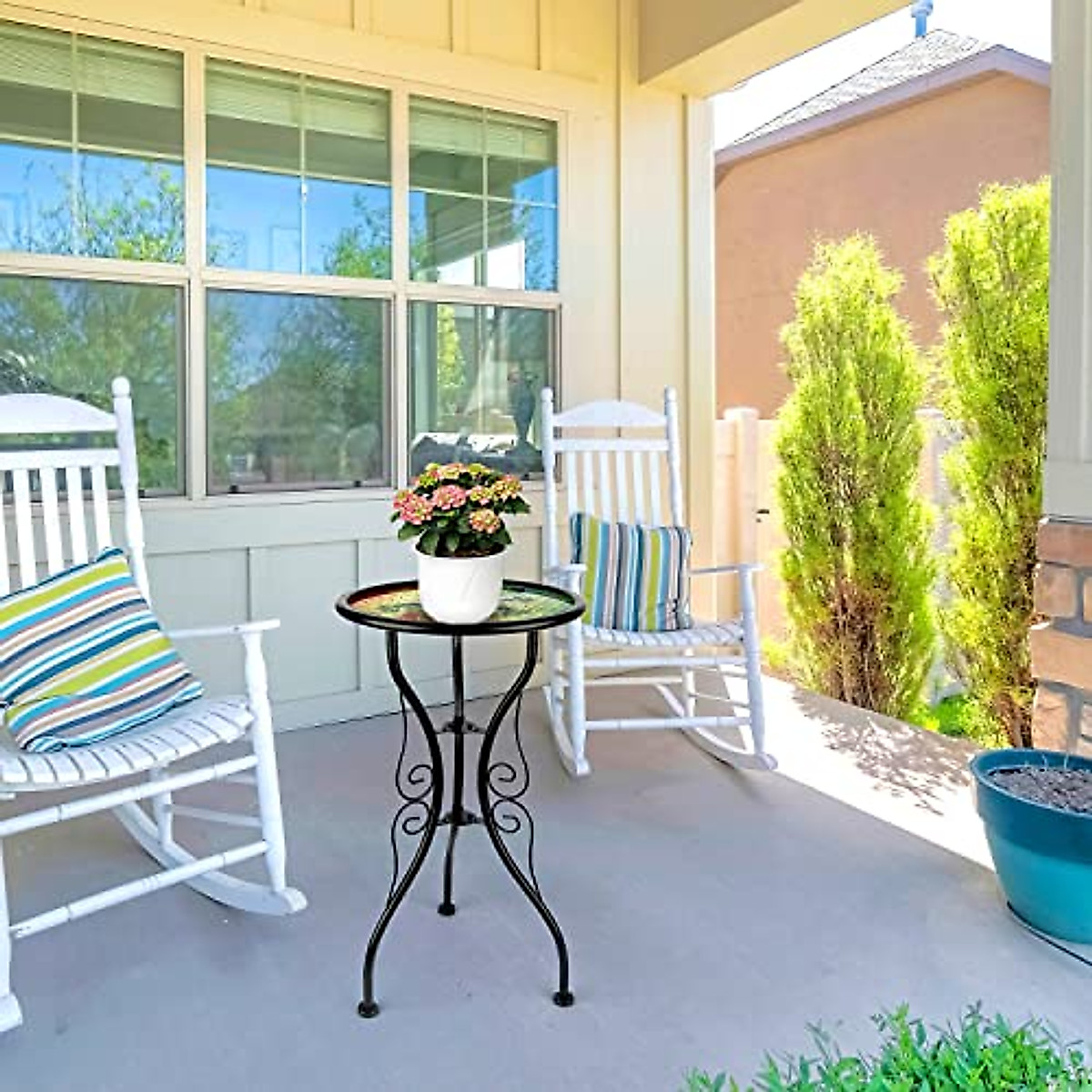 YardsBee Gecko Outdoor Side Table,Mosaic Patio Side Table,12 Inch Accent Round Side Table,Plant Table with Tile Top,Samll Metal Glass End Table for Garden Porch Patio Home