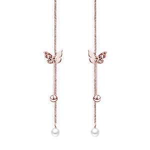 SLUYNZ Sterling Silver Butterfly Threader Earrings Dangle Chain for Women Teen Girls Pearl Long Dangle Earrings Tassel (C-Rose Gold)