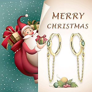 JIANGYUE 18K Gold Plated Chain Earrings for Women Emerald Green Hoop Earrings Tassel Dangle Earrings Trendy CZ Small Hypoallergenic Jewelry