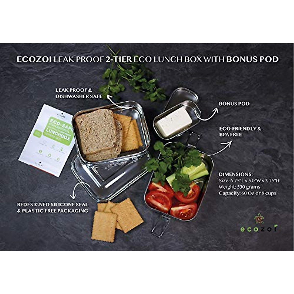 ecozoi Leak Proof Stainless Steel Lunch Box, 3-in-1 Eco Bento Box | Redesigned Silicone Seal + Bonus Lunch Pod | Sustainable Tiffin Eco Friendly Metal Bento Box Food Storage Containers
