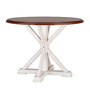 MAKLAINE Transitional Farmhouse Round Dining Table in Brown and White