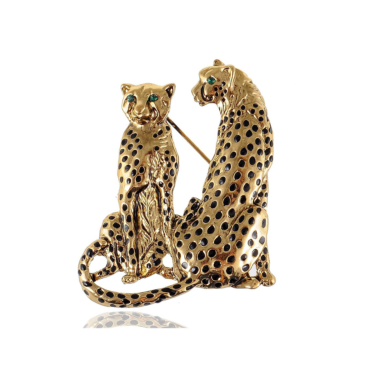 Alilang Golden Tone Tuquoise Blue Eyed Spotted Leopard Family Twin Lover Brooch Pin, Gold