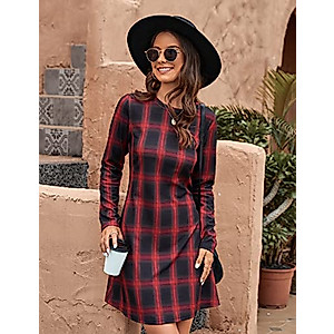 Blooming Jelly Women's Plaid Swing Dress Long Sleeve Round Neck Tunic Mini Dress(Large,Black and Red Plaid)