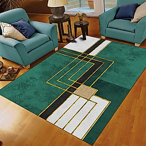 Luxury Emerald Green Gold Home Area Rug, Retro Black Gold Geometric Print Indoor Carpet, Non-Shedding Soft and Plush Floor Decor Area Rug for Bedroom Living Room Hallways Entryway Office 2x3ft