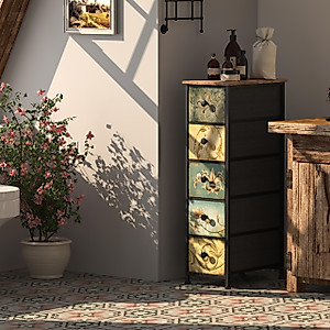 Tohomeor Narrow Storage Dresser Slim Dresser with Retro Flowers Fabric Drawers Vertical Skinny Cabinet for Small Spaces,Bathroom,Bedroom Closet Nightstand,Entryway Organizer (Retro Flower, 5 Drawers)