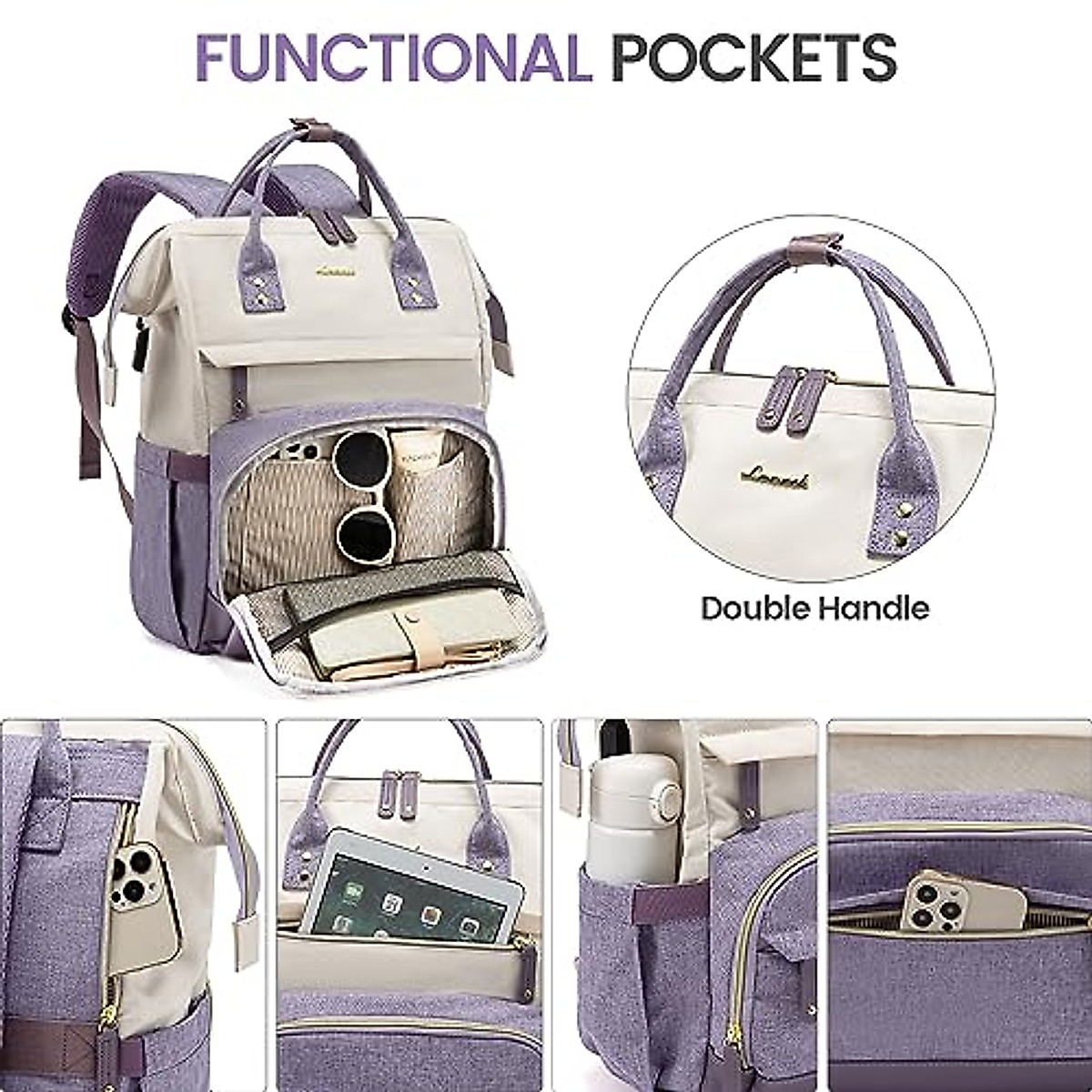 LOVEVOOK Laptop Backpack Purse for Women, Nurse Work Business Travel Backpack Bag, Wide Open Backpack, Lightweight Water Resistent Daypack with USB Charging Port, 17.3 inch, Beige-Light purple