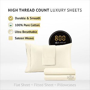 100% Cotton Sheets King Size Sheet Sets Egyptian Cotton Sheets 800 Thread Count - Extra Long-Staple Sheets, Fits Mattress Upto 16'' Deep Pocket, Sateen Weave, Soft Cotton Bed Sheet (Ivory)