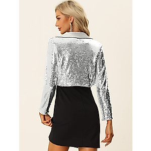 Allegra K Open Front Cardigan for Women's Notched Lapel Cropped Party Club Sparkly Sequin Blazer Large Silver