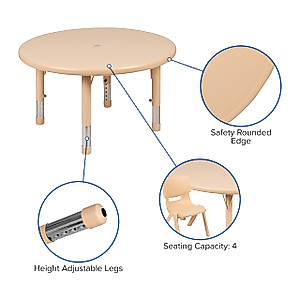 BizChair 33" Round Natural Plastic Height Adjustable Activity Table - School Table for 4