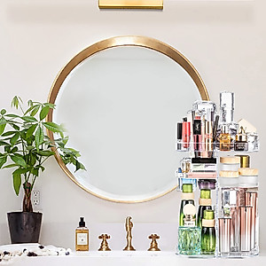 DreamGenius 360 Rotating Makeup Organizer, DIY Adjustable Makeup Carousel Spinning Holder Storage Rack, Large Capacity Make up Caddy Shelf Cosmetics Organizer Box, Best for Countertop, Square