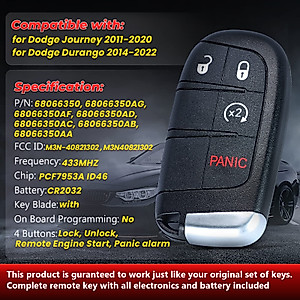 Aichiyu Keyless Entry Smart Remote Car Key Fob M3N-40821302 for Dodge Journey 2011 2012 2013 2014 2015 2016 2017 2018 2019 2020 Durango 2014-2022 4 Buttons 433Mhz ID46 Chip 68066350