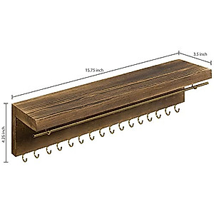 MyGift Wall Mounted Rustic Brown Wood Necklace and Bracelet Jewelry Organizer Rack with Cosmetic Display Shelf, Gold-Tone Metal Hanging Earring Bar and 16 Hooks