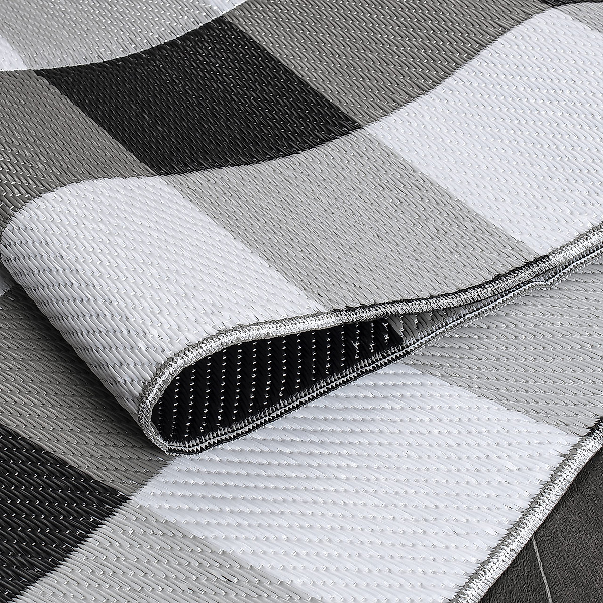 Lena Rug Buffalo Plaid Outdoor Rug Waterproof for Patio RV Camping Picnic Balcony Plastic Straw Rug Grey White 5x7