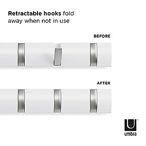 Umbra Flip Wall Mounted Floating Rack – Modern, Sleek, Space-Saving Hanger with Retractable Hang Coats, Scarves, Purses and More, 8 Hook, White