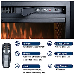 Velaychimney 30 Inches Electric Fireplace Insert, 750W/1500W Fireplace Heater with Adjustable Flame and Top Light Colors, Fire Crackling Sound, Remote Control, Timer, Glass Door & Mesh Screen, Black
