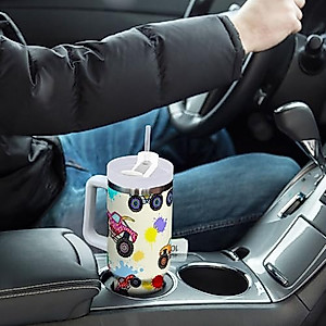 ODAWA 40oz Travel Coffee Tumbler with Straw and Handle, Colorful Monster Trucks Double Wall Insulated Tumbler