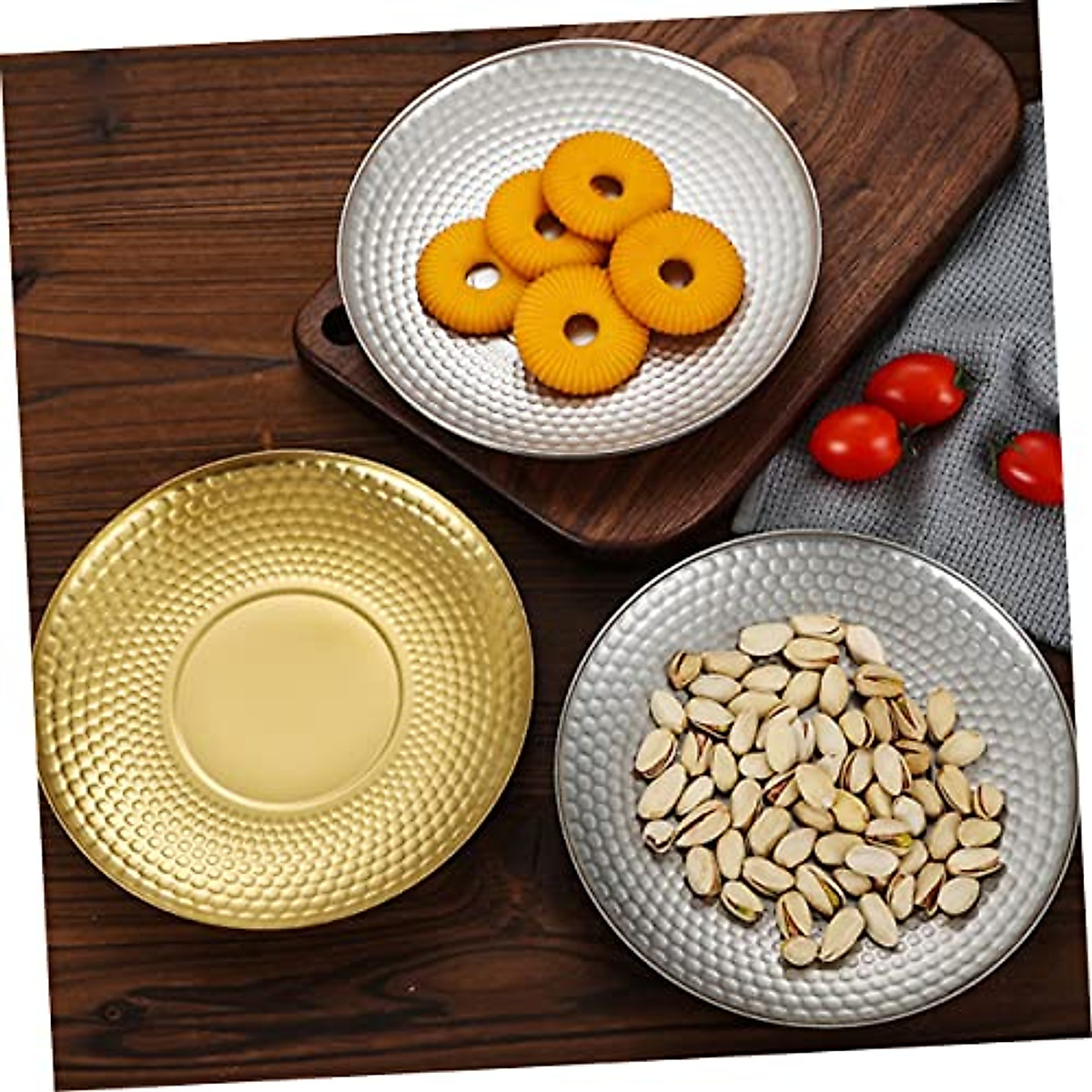 Zerodeko 3pcs Hammered Fruit Plate round salad plates metal dinner plate large dinner plate camping tableware plate fish serving platter Disc Japanese-style child Stainless steel food plate