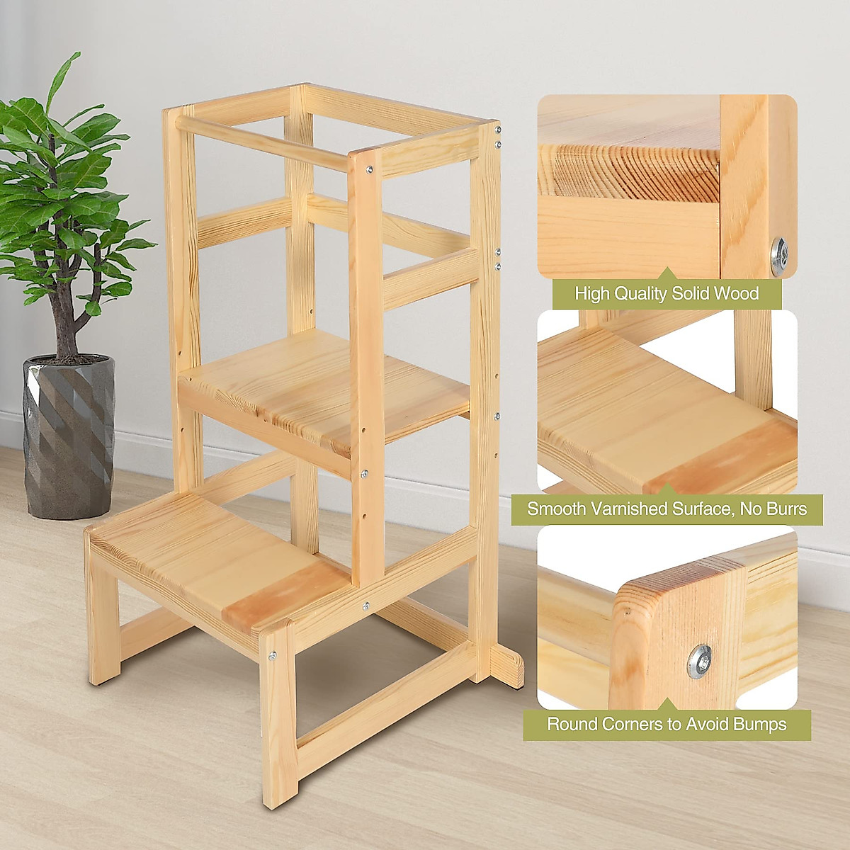 RedSwing Toddlers Kitchen Stool Helper, Sturdy Kids Step Stool with Safety Rail, Wooden Baby Standing Tower for Kitchen Counter and Bathroom, Easy to Assemble, Natural