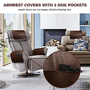 NZDWZDN 3 Pcs Headrest Cover for Recliner Chair Recliner Headrest Protector Faux Leather Headrest Cover with Elastic Straps Couch Headrest Cover with Pocket Chair Arm Covers 22.8 x 14.6 in(Chocolate)