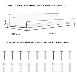 15" Acrylic Wall Shelves Storage Rack, Floating Wall Mounted Display Shelves, Kids Bookshelf Punch-free for Bedroom, Living Room, Bathroom, Kitchen With Screws and Super Glue(Single Load-Bearing 10KG)