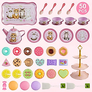 Fudragtn Tea Party Set for Little Girls, 50Pcs Kitchen Pretend Play Tea Set for Toddlers 3-6, Cat Princess Tea Time Toy with Tin Tea Set, Desserts, Cake & Carrying Case, Birthday Gift for Kids Girls
