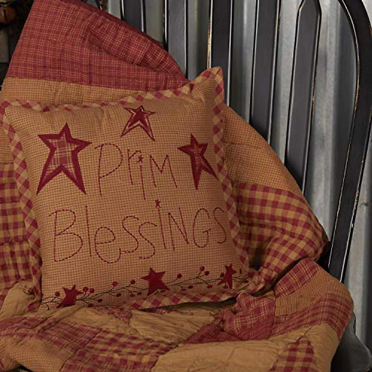 VHC Brands Ninepatch Star Prim Blessings Pillow 12x12 Country Bedding Accessory, Burgundy