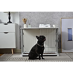 EMKK 34" Wooden Structure White Dog Cage Crate, End Table with Movable Salver, Dog House Cage Indoor Use, with Wide Table Top,Dog Crates for Large Dog Mental Wire Crates Dog Kennels Pet Dog Cage Crate