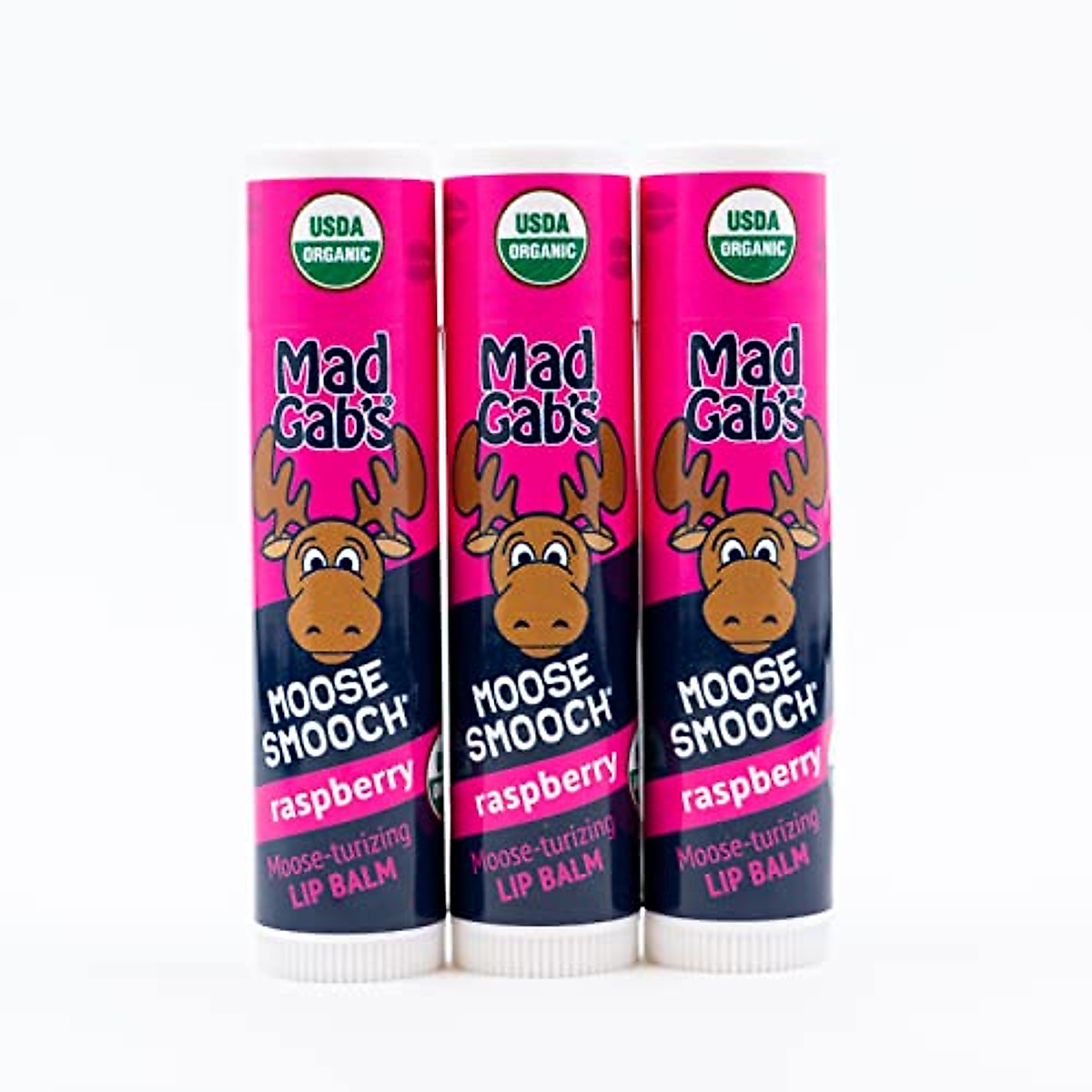 Mad Gab's Moose Smooch Raspberry Lip Balm, Mother's Day Gift, Moisturizing and Certified Organic, Made with Organic Olive Oil and Beeswax, 3 pack Gift Set