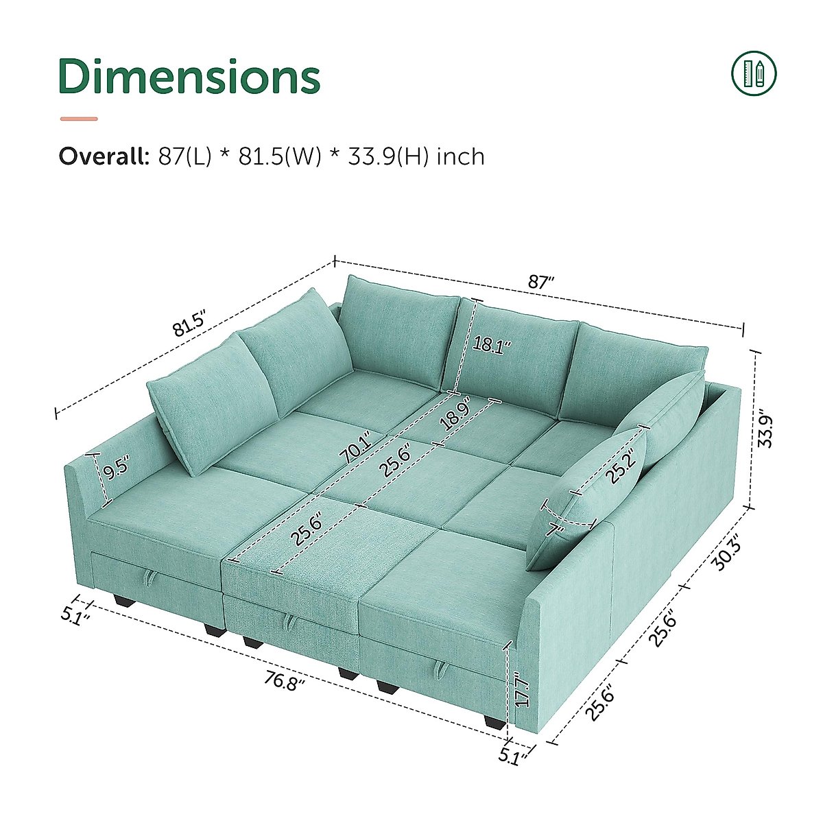 HONBAY Modular Sofa Sectional Sleeper Couch with Ottomans Reversible Sleeper Sectional Sofa Modular Couch with Storage, Aqua Blue