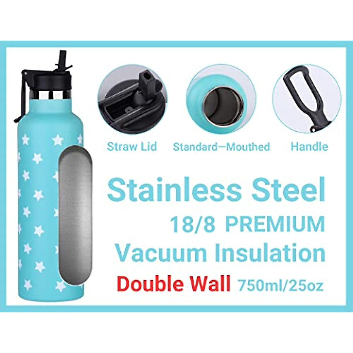 QISSZION Kids Insulated Bottle with Handle & Straw 25oz, Vacuum Stainless Steel Water Bottles Leakproof for School, BPA Free Flask Metal Thermos for Boys & Girls - Stars