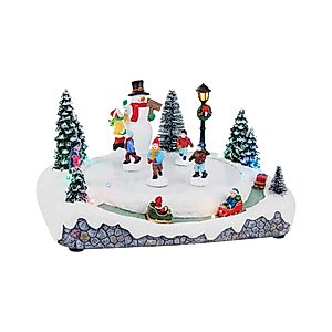 Animated Christmas Village Skating Pond - Lighted Musical Snow Scene with 4 Moving Skaters, Adapter, Battery Slot
