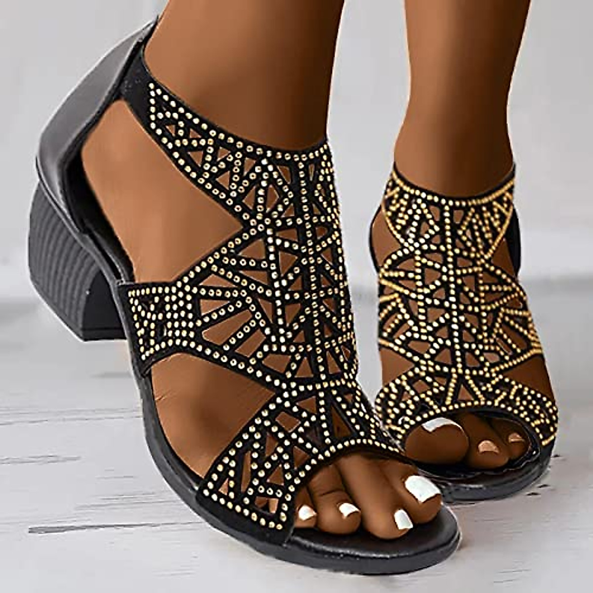 Womens Bow Tie Sandals Summer Roman Medium Heel Rhinestone Fish Mouth Back Zipper Sandals Casual Cutout Sandals (Gold, 9)