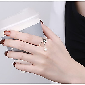 NewZenro Snowflake Pearl Flower Chain Tassel Dangle Statement Stacking Adjustable Sterling Silver Rings for Women Dainty Threader Finger Ball Bead Band Ring Gifts Xmas Daughter Bff