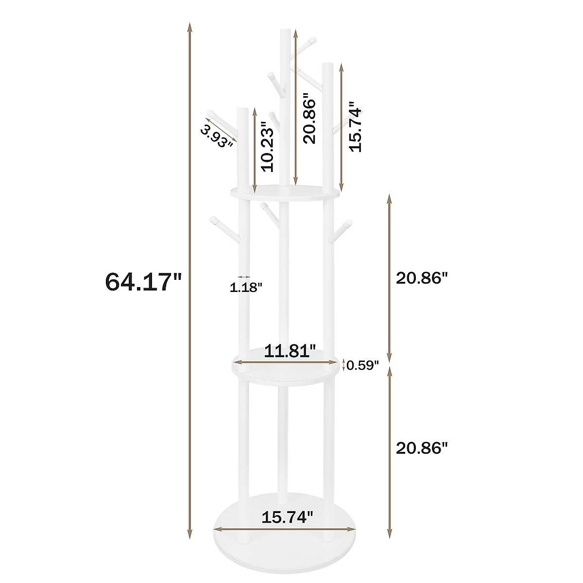XIDIHF Freestanding Coat Rack with 9 Hooks & 3 Storage Shelves, Wooden Hat Rack Stand for Entryway, Hallway & Bedroom – Ideal for Hanging Clothes, Hats, Bags, Keys, White