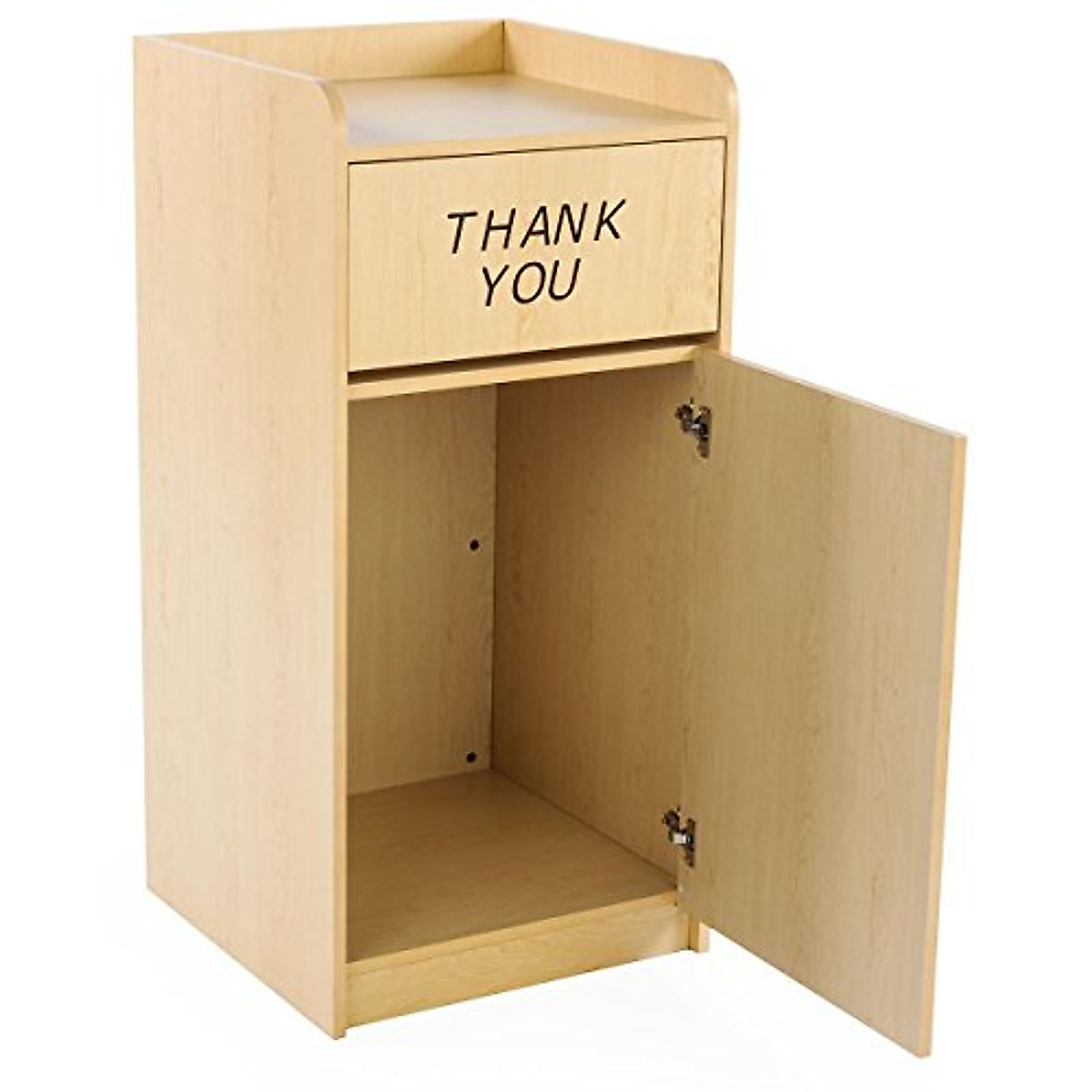 Displays2go Commercial Trash Container for 36 Gallon Bin, Drop Hole and Tray Holder, Thank You Message Engravement, Hinged Door - Maple (LCKDPZTRMP2)