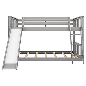 GLORHOME Full Over-Full Wood Bunk Bed with with Convertible Slide and Ladder, Solid Slat Support Bedframe for Kids Teens Bedroom, No Box Spring Needed, Grey