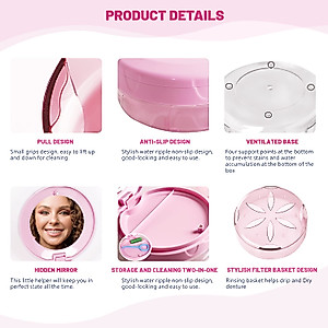 Uouovo Denture Bath Case, Definitely No-Leak, Complete Clean Care for Dentures, Clear Braces, Night Guard & Retainers, Retainer Case for Traveling, Denture Cup with Strainer & Mirror (Pink)