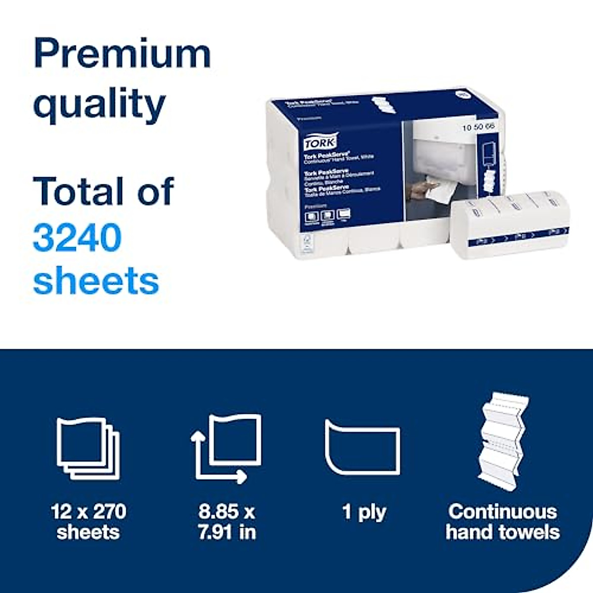 Tork PeakServe Continuous Paper Hand Towels White H5, Premium, Compressed, 12 x 270 sheets, 105066