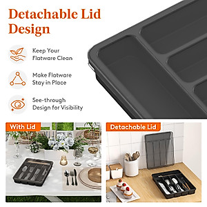 Lifewit Silverware Organizer with Lid, Covered Utensil Tray for Kitchen Drawer and Countertop, Plastic Cutlery and Flatware Storage Box for Spoons Forks Knives Holder Case, 5 Compartments, Black