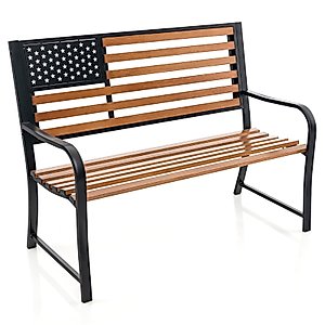 Tangkula 50” Outdoor Garden Bench, 2-Person Metal Patio Chair with Flag Pattern Backrest & Rustic Wood Grain Finish, Patriotic Bench with Arms for Porch, Deck, Park, Brown & Black
