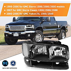 LBRST Headlight Assembly For GMC Sierra 1500 1999-2006 For GMC Sierra 1500 Classic 2007 Black Housing Clear Reflector Clear Lens Driver and Passenger Side Headlamp
