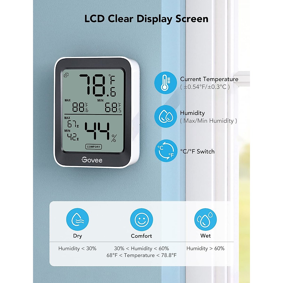 Govee Indoor Hygrometer Thermometer 3 Pack, Bluetooth Humidity Temperature Gauge with Large LCD Display, Notification Alert with Max Min Records, 2 Years Data Storage Export for Room Greenhouse, Black