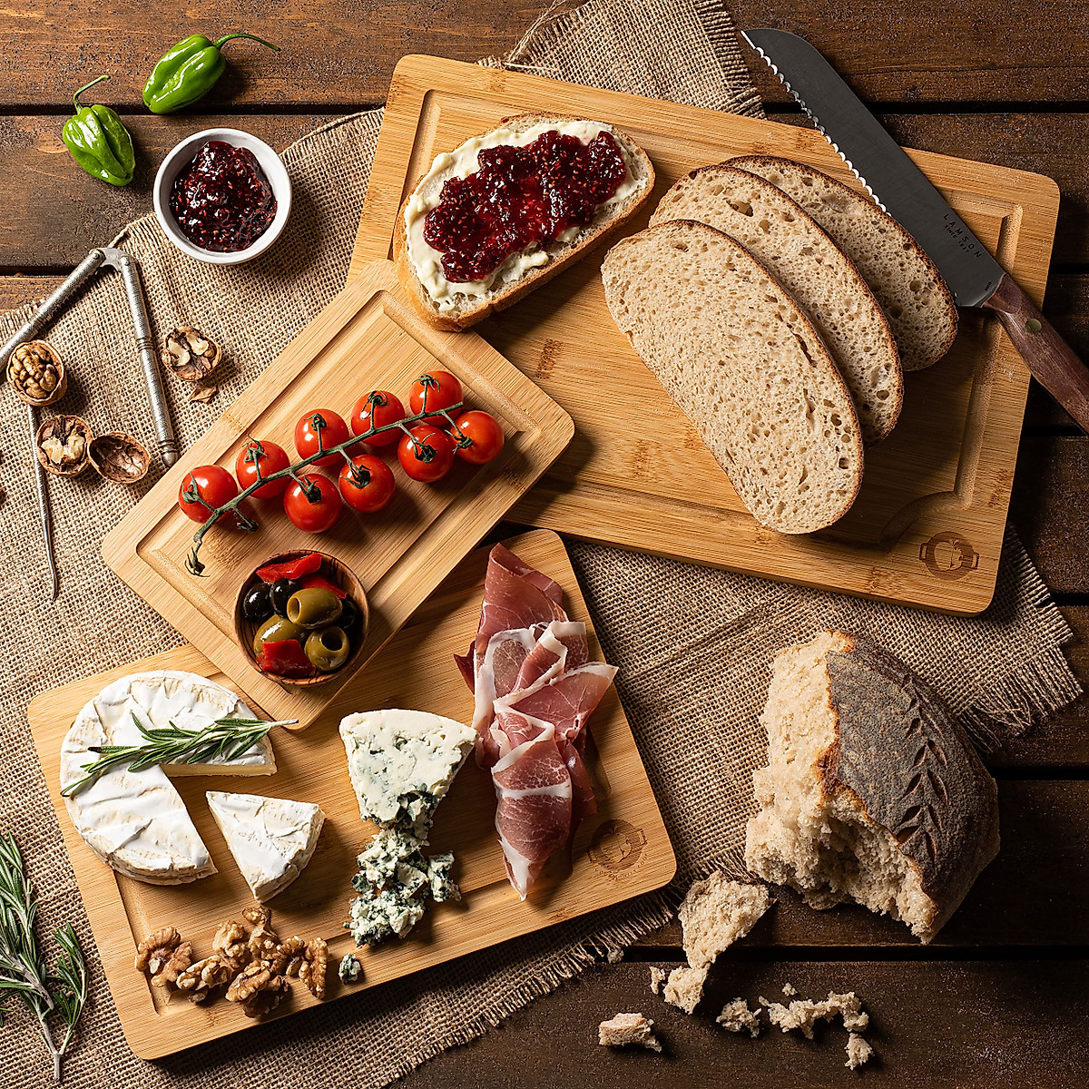 Organic Bamboo Cutting Board Set of 3 | Wooden Cutting Boards Set | Multipurpose for Meat, Veg, Cheese | Wooden Charcuterie Board with Juice Groove and Hidden Handles [3 Sizes] | by Gourmanity Cook