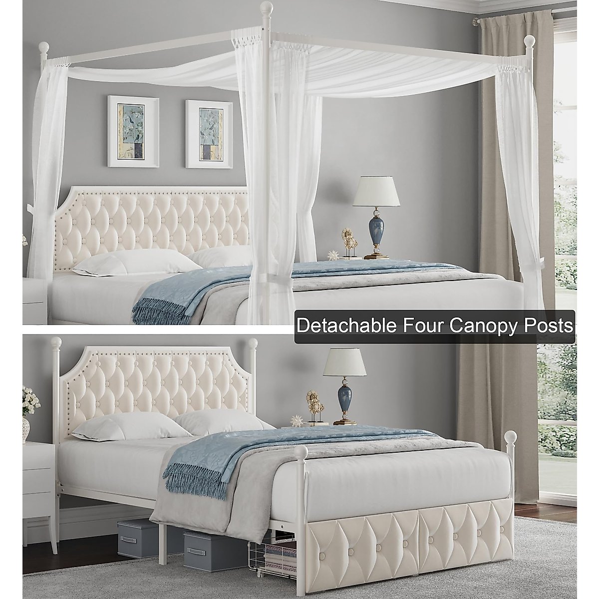 Keyluv Queen Upholstered Canopy Bed Frame with 2 Drawers and Button Tufted Headboard, Metal Platform Bed with 4 Removable Posts Two-Purpose Velvet Bed No Box Spring Needed, Beige/Curtains Not Included